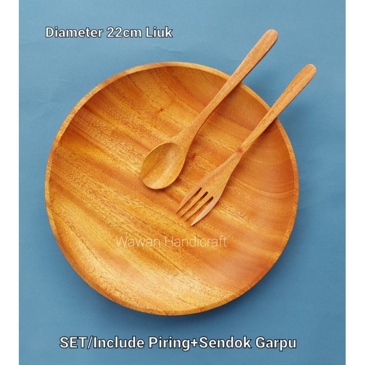 Jual piring kayu/piring makan kayu 22cm mahoni/piring liuk set sendok ...