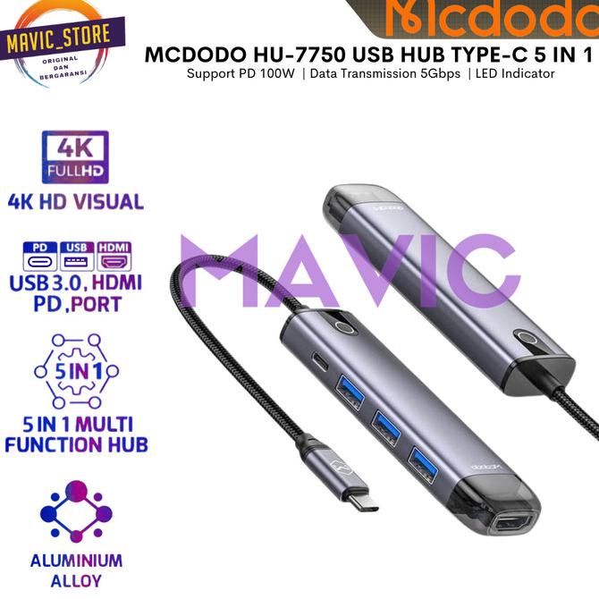 Jual MCDODO HU-7750 CONVERTER USB C HUB 5 IN 1 WITH HDMI PD 100W USB 3.0 | Shopee Indonesia