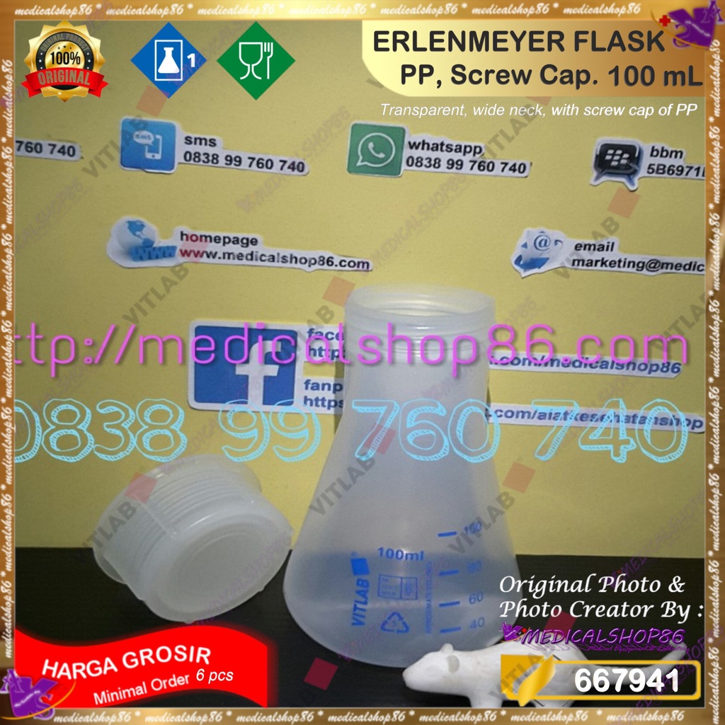 Jual ERLENMEYER FLASK, PP, 100 mL, Screw Cap. VITLAB | 667941 | Shopee Indonesia
