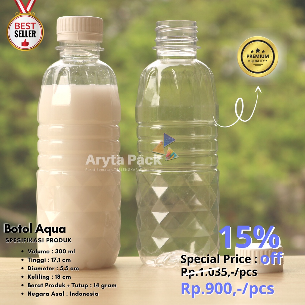 Jual Botol plastik PET 300ml aqua minuman mineral jus susu kopi tutup ...