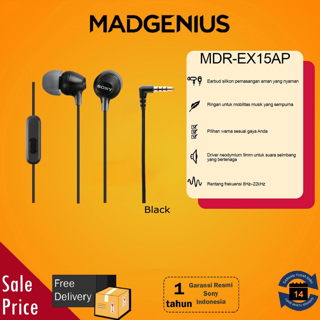 Jual Sony Original MDR-EX15AP / MDR EX15AP / MDREX15AP Black in-ear ...