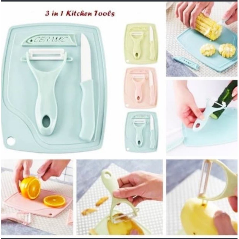 Jual Pisau Keramik Set 3 in 1 Kitchen Tools Set Talenan Pisau Peeler ...