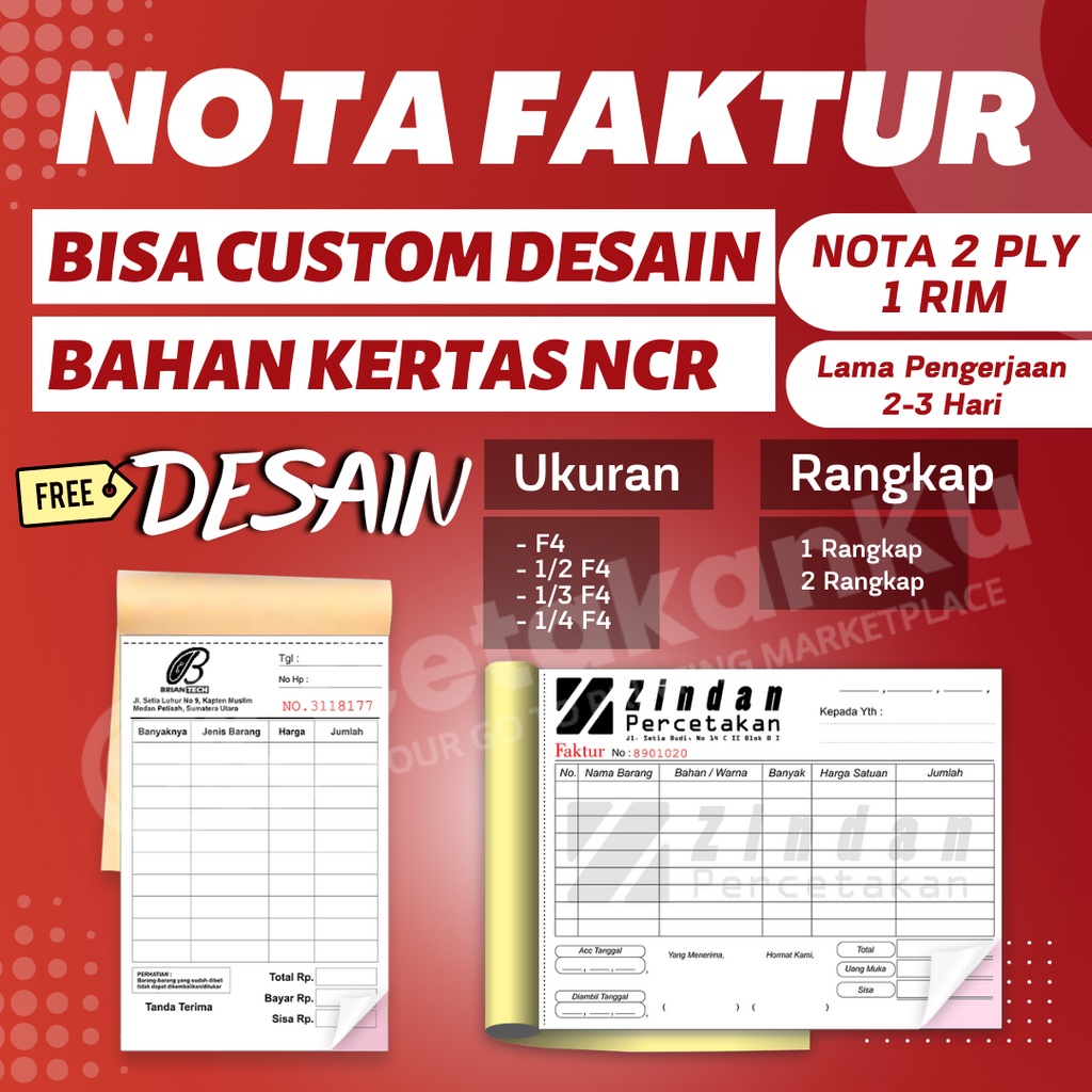 Jual CETAK NOTA FAKTUR BAHAN KERTAS NCR 1 RIM 2 PLY Gratis Desain ...