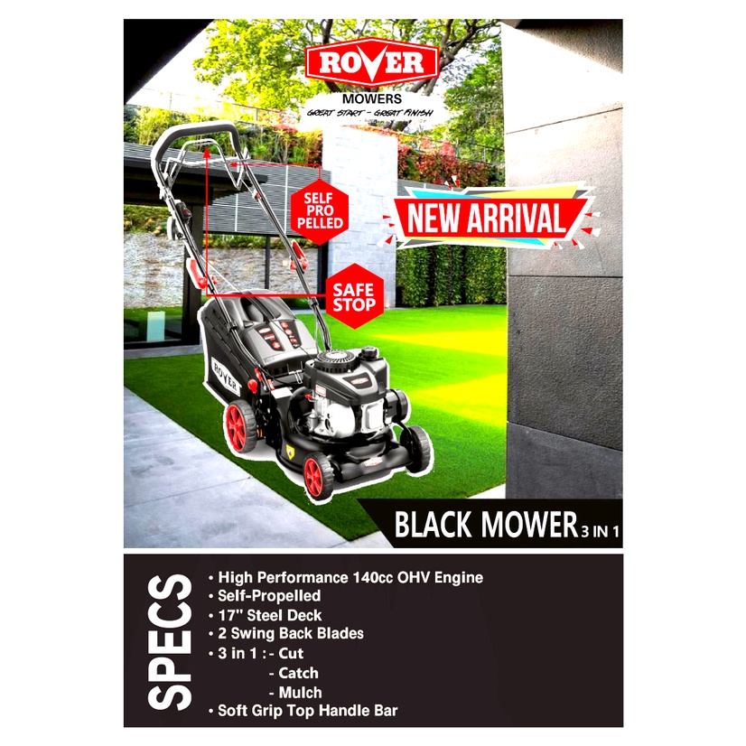 Jual Mesin Potong Rumput Dorong ROVER 3in1 BLACK MOWER 17" METRO 250 / Lawn Mower Rover Black ...