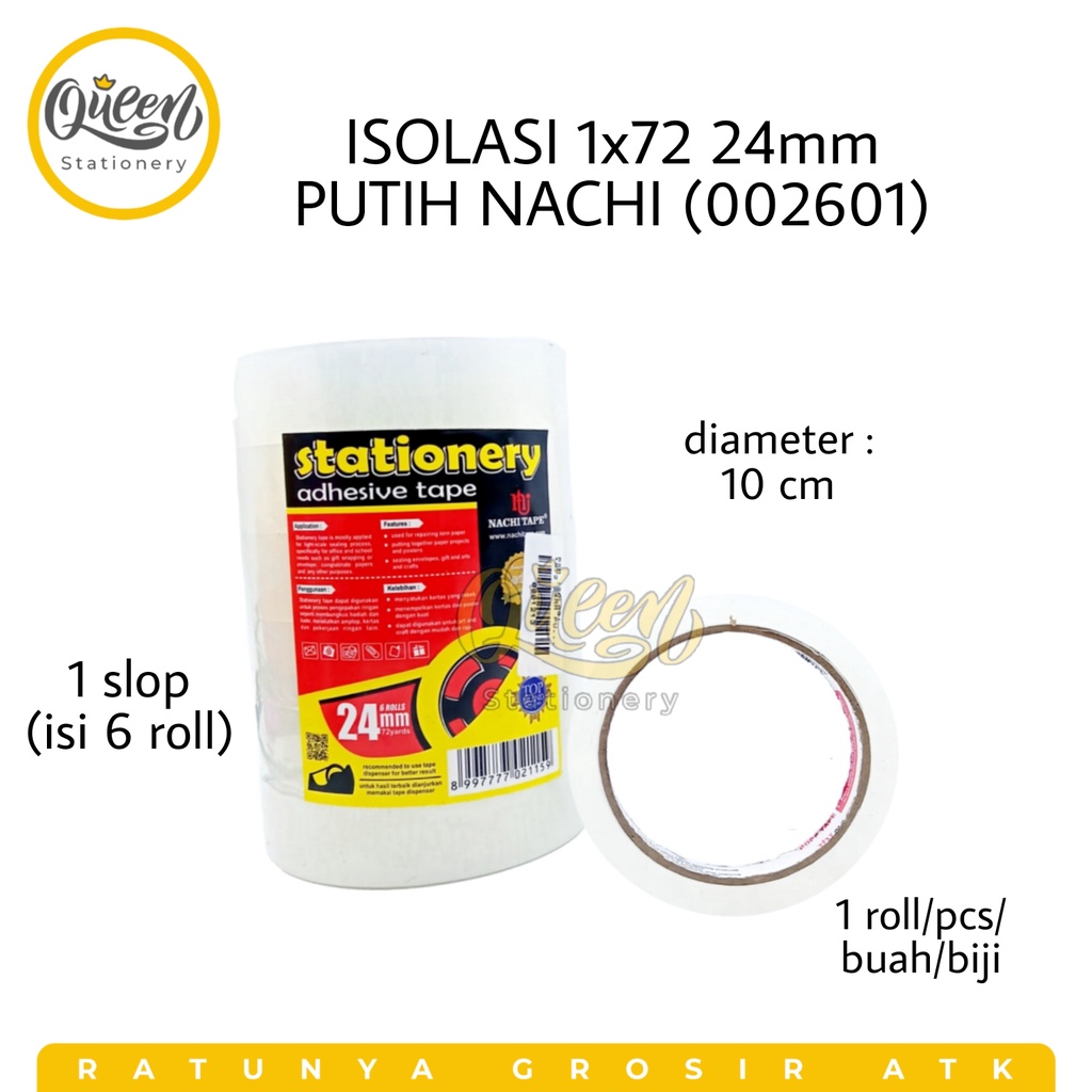 Jual 1 PCS ISOLASI 1X72 24MM PUTIH NACHI / SOLASI TANGGUNG / LAKBAN ...