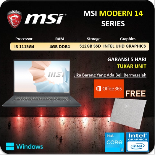 Jual MSI MODERN 14 I3 1115G4 4GB 512SSD WIN11 14 Inch FHD IPS Grey ...