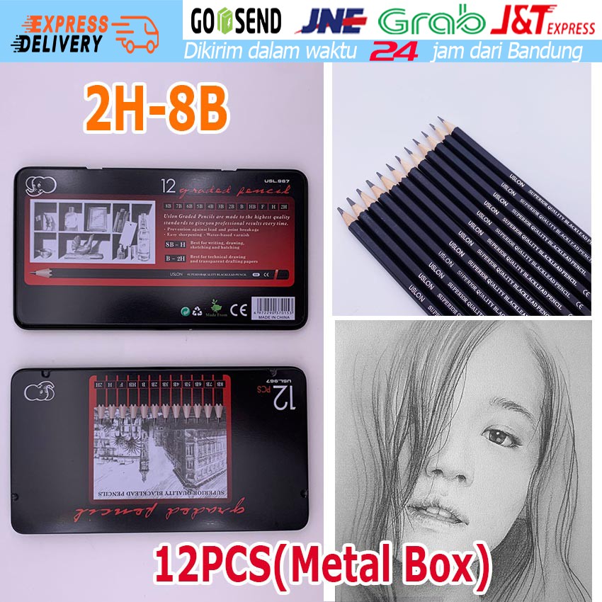 Jual 【Dng Kotak Logam】Pensil gambar sketsa set lengkap 2H- 8B isi 12 pcs Drawing Sketch Pencil ...