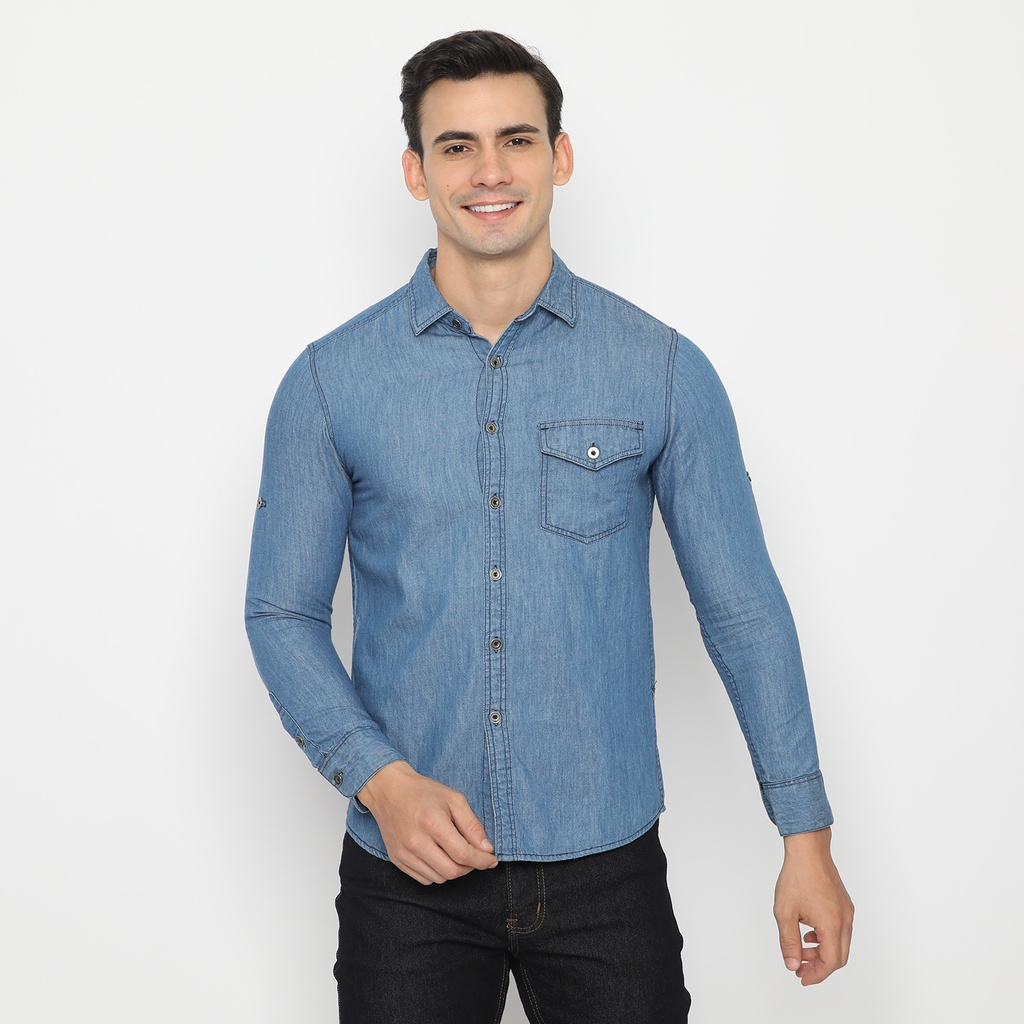 Jual ROMP Kemeja Denim Pria Lengan Panjang - Pocket Tempel Blue ...