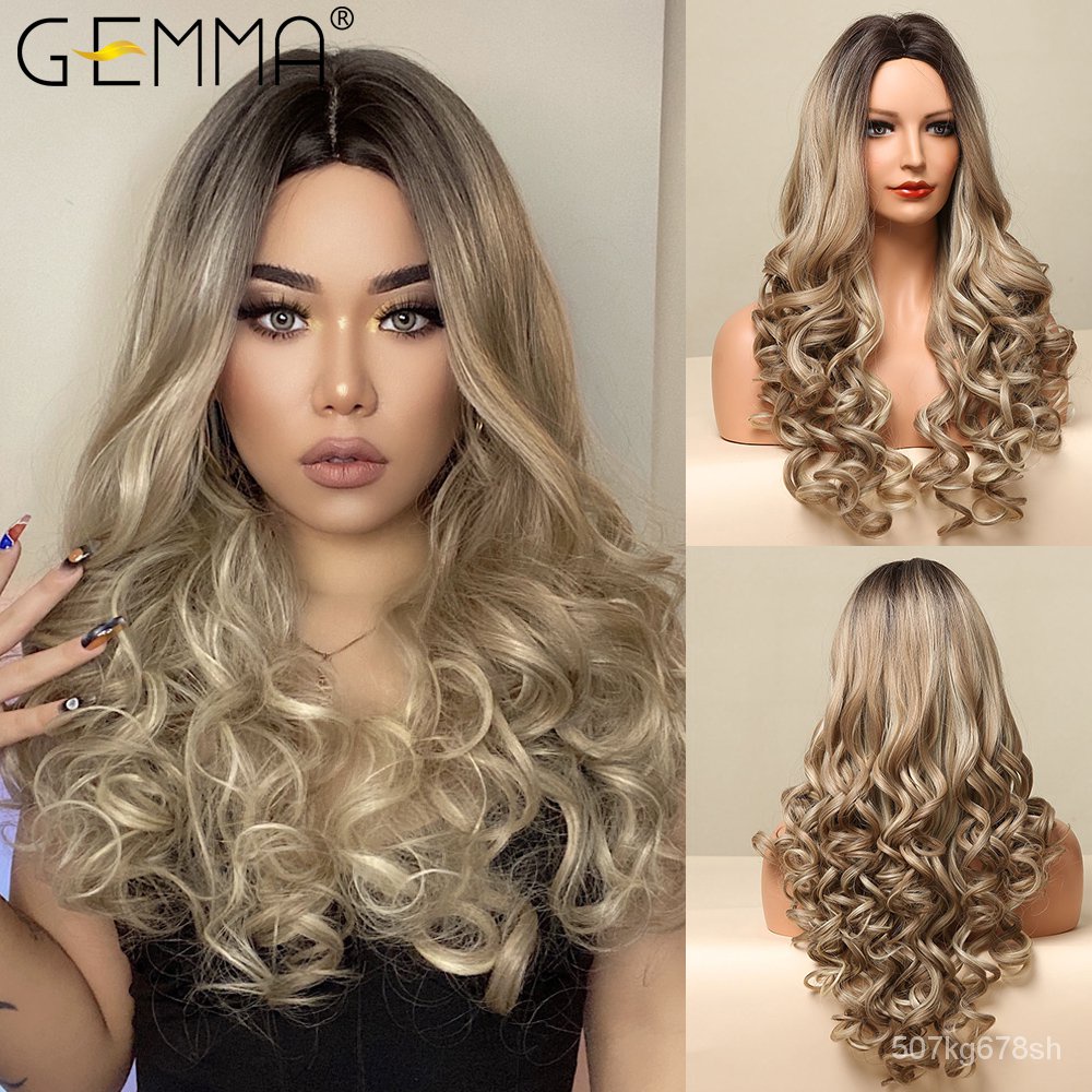 Jual GEMMA Long Loose Wave Synthetic Wigs Ombre Brown Champagne Blonde ...