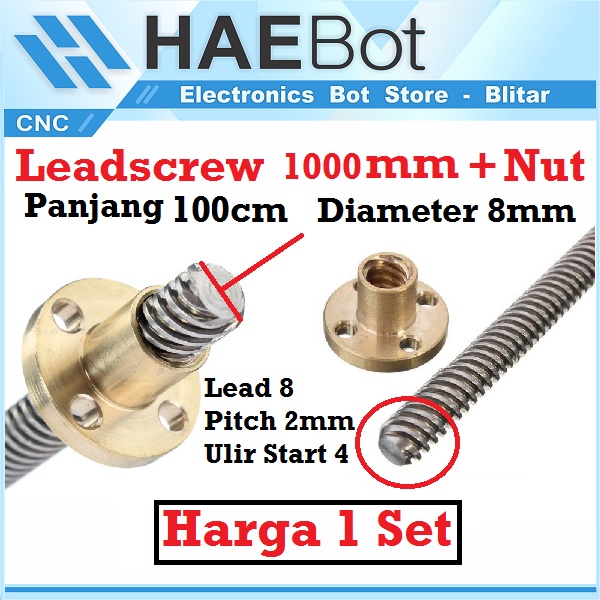Jual [HAEBOT] Set Lead Screw Leadscrew T8 1000 mm 8 Pitch 2mm + Nut ...
