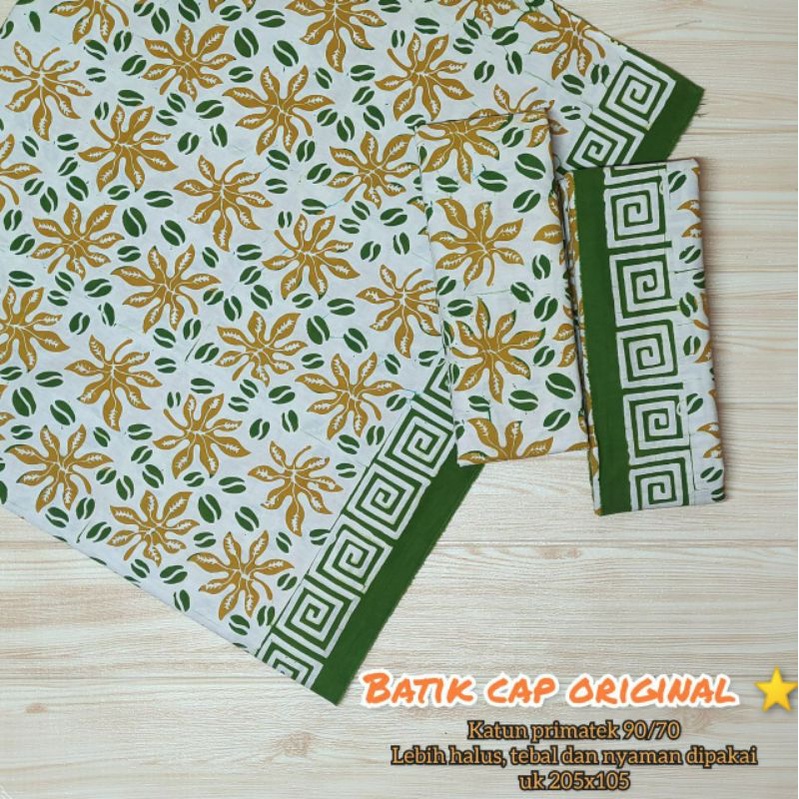 Jual Kain Batik Cap Garutan Hijau Kuning Motif Daun Kopi Latar Putih ...
