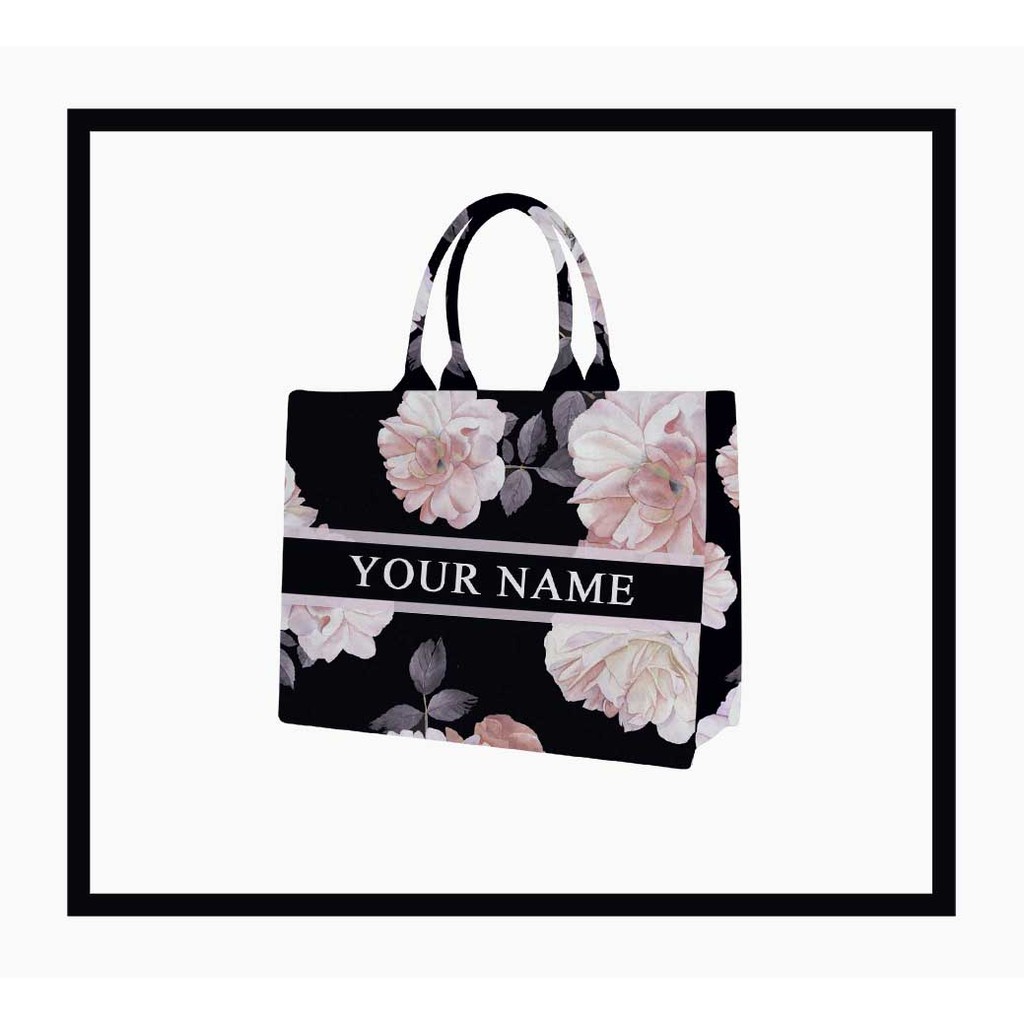 Jual Tas Nama Custom Print Bunga Soft Warna Dasar Hitam | Shopee Indonesia