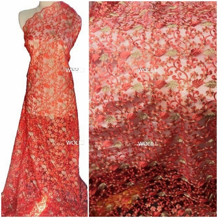 Jual Kain Tile Tulle Dua warna Brukat Kebaya Brokat Merah Emas 150cm ...