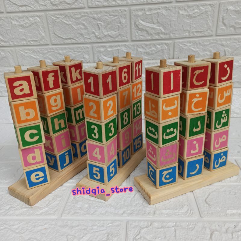 Jual Mainan Kayu Edukasi Menara Balok Susun Pinus Huruf, Angka dan ...