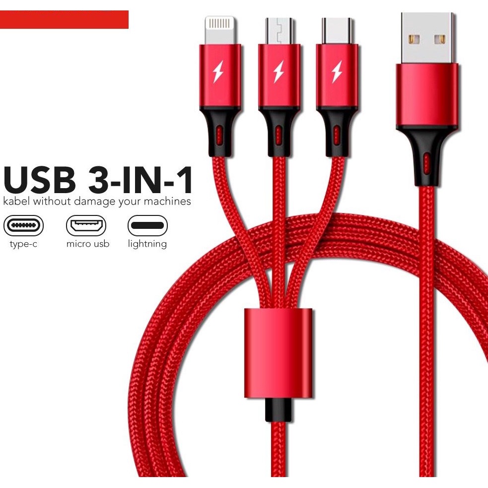 Jual Kabel Data USB 3 in 1 Fast Charger iOS + Micro USB + Type C Ori ...