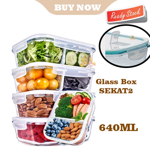 Jual Borosilicate Glass Lock container 640ml Sekat 2 Tempat makan ompreng | Shopee Indonesia