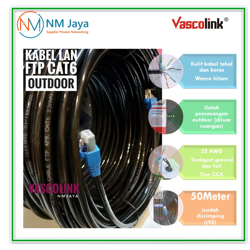 Jual Kabel Lan Outdoor 50 Meter FTP CAT6 Siap Pakai sudah dicrimping rj45 besi dan plugbooth ...