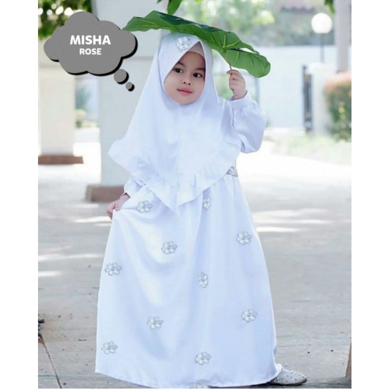 Jual baju gamis anak putih set khimar gamis putih anak 1 tahun sampai 10 tahun misha rose set ...