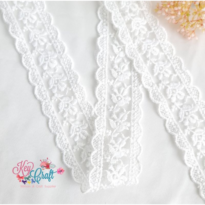 Jual Renda Bordir (Lace) motif bunga 015 White | Shopee Indonesia