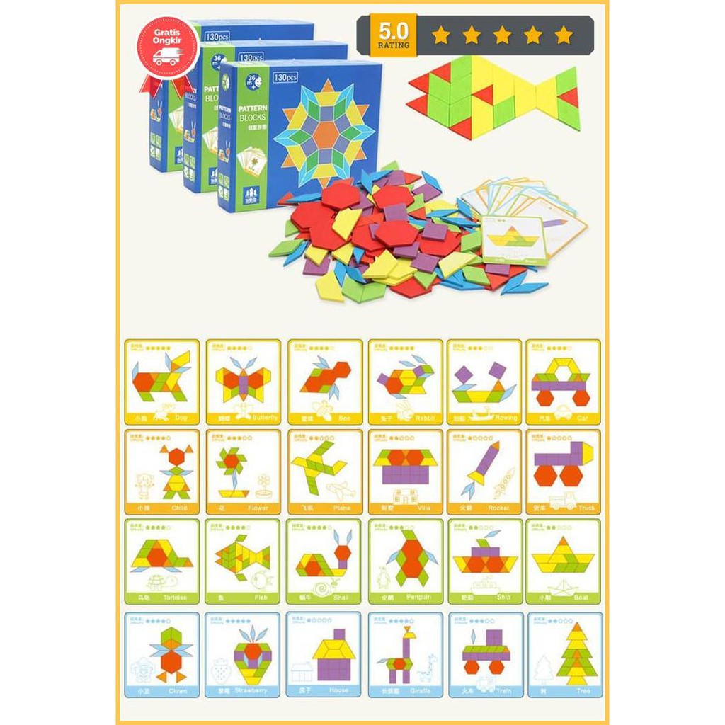 Jual Mainan Edukasi Montessori 130Pcs Puzzle Games Pattern Blocks ...