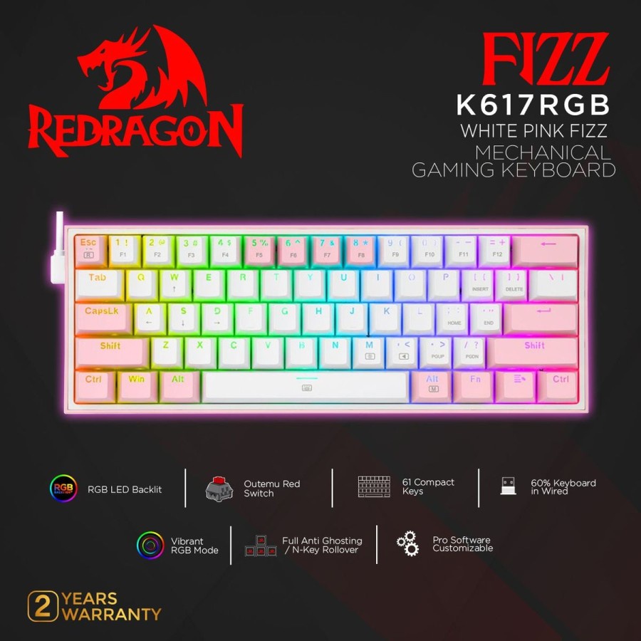 Jual Redragon K617RGB Mechanical Gaming Keyboard 60% WHITE PINK FIZZ ...