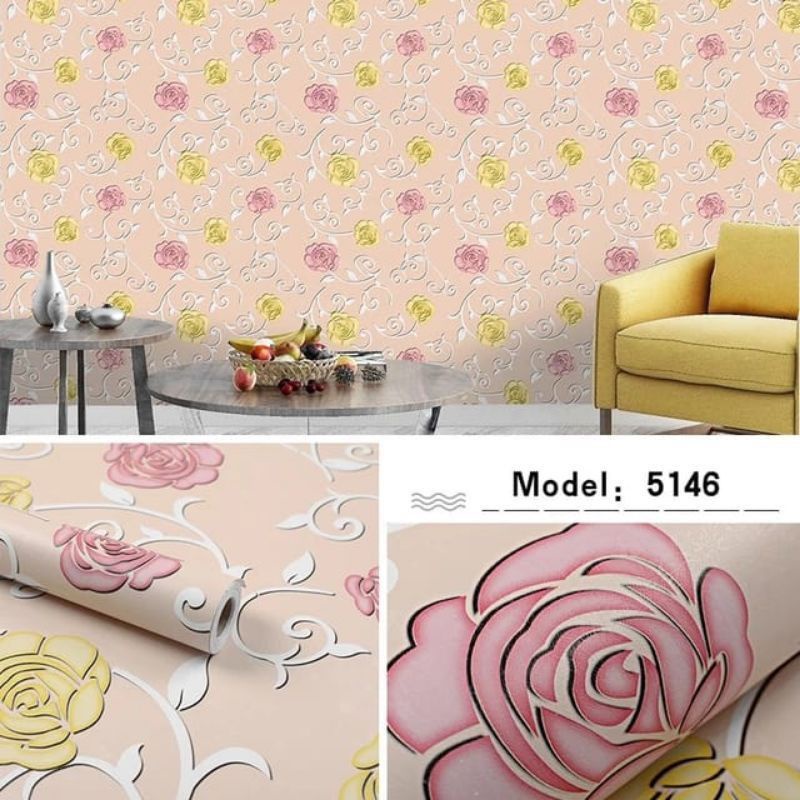 Jual Wallpaper Dinding Krem Bunga Mawar Pink Dan Kuning Bervariasi ...