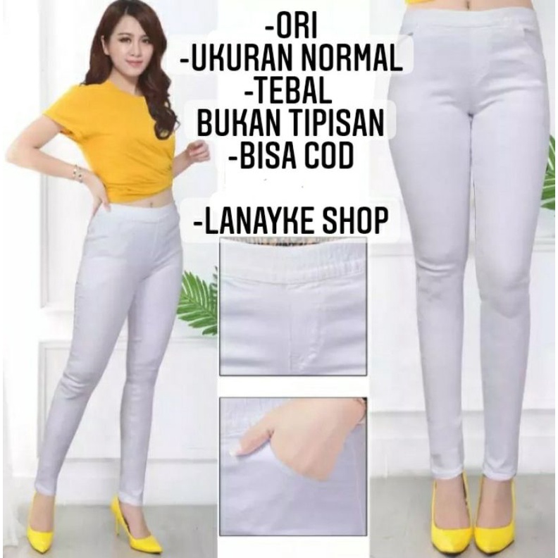 Jual CELANA PUTIH LEGGING JEANS WANITA / PINGGANG KARET PUTIH ORI ...