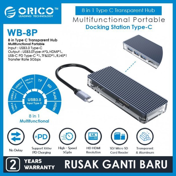 Jual ORICO 8in1 Type C Hub USB 3.0 HDMI TF SD RJ45 - WB-8P | Shopee Indonesia
