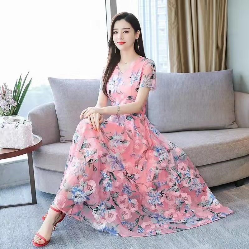 Jual baru gaun sifon print wanita mid-length/dress wanita/midi dress ...