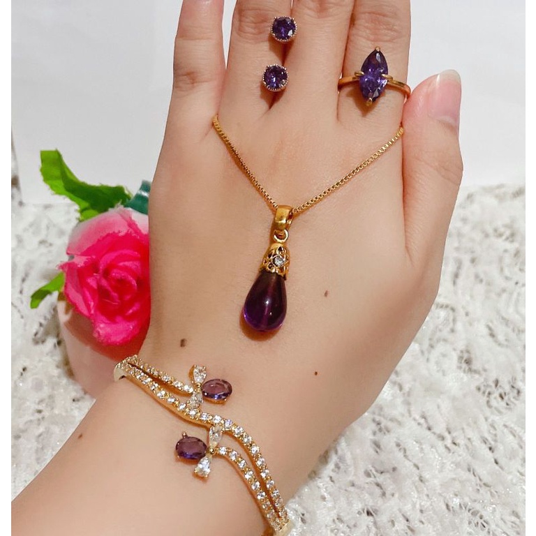 Jual Set perhiasan wanita permata giok warna ungu lapis emas model baru ...