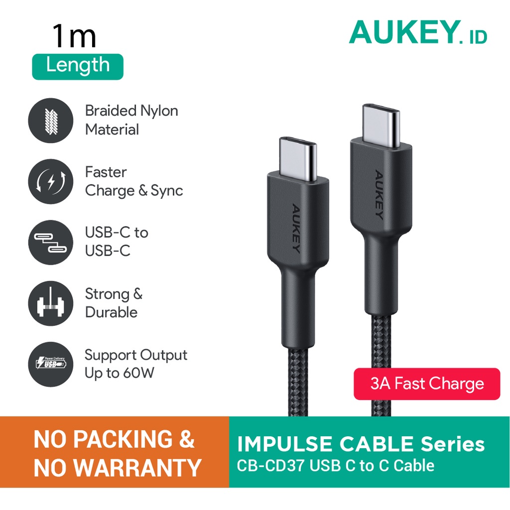 Jual Kabel Aukey CB-CD37 USB C To C 3A 1M (NO PACKING & NO WARRANTY ...