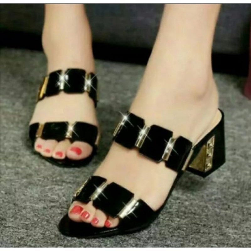 Jual HAK TAHU HlGH HEELS SANDAL SENDAL WANITA HITAM GODL | Shopee Indonesia