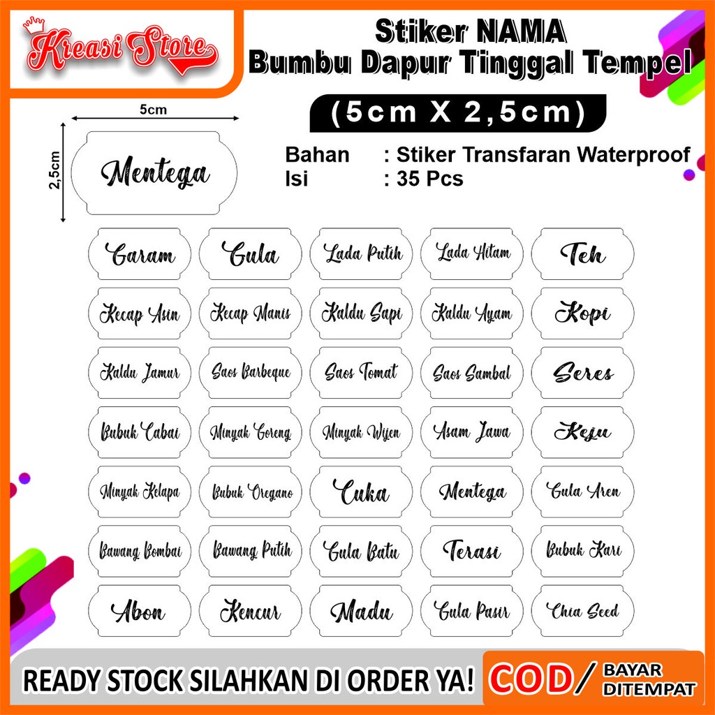 Jual Stiker Label Transparan Nama-Nama Bumbu Dapur WATERPROOF isi 35Pcs ...