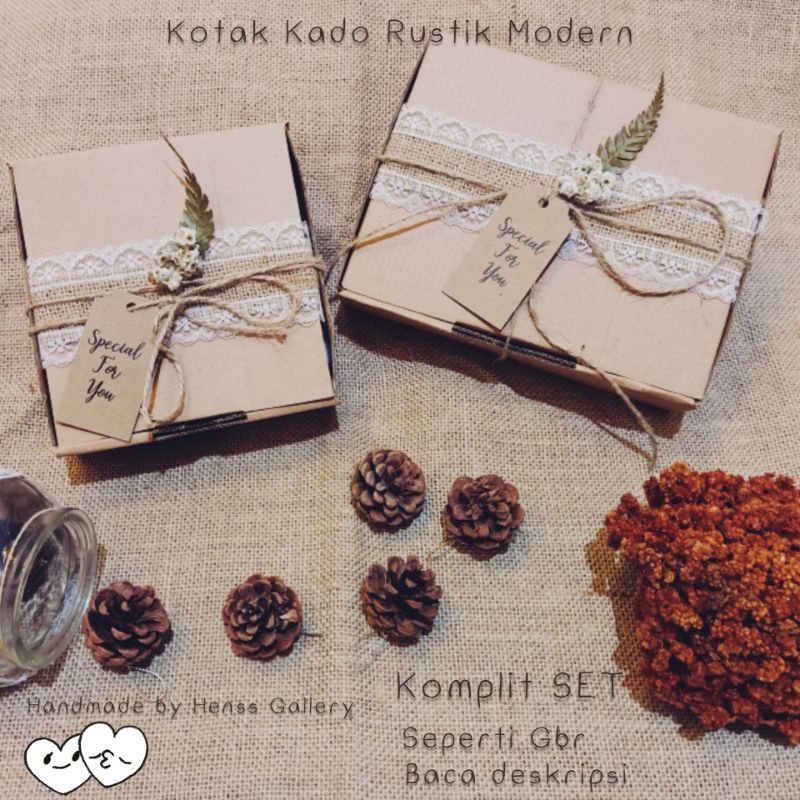 Jual Gift Box/Kotak Kado Rustik Modern dengan pita goni renda set untuk ...