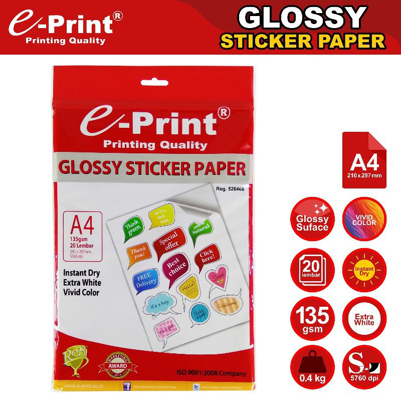 Jual KERTAS STICKER FOTO GLOSSY EPRINT A4 135GSM ISI 20 LEMBAR | Shopee ...