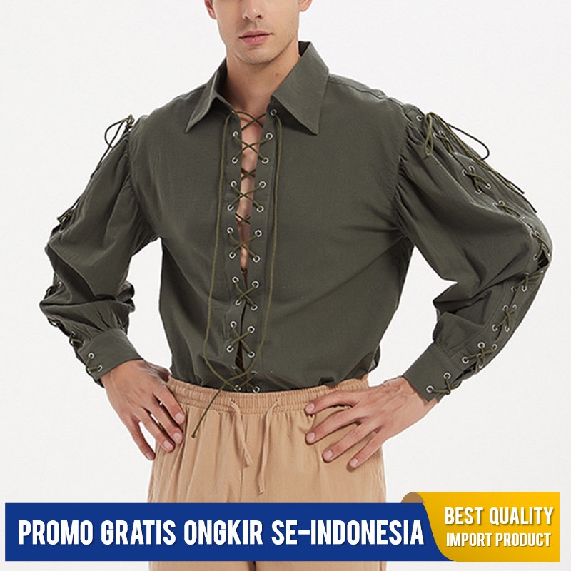 Jual Kemeja Pria Gothic Retro Renda-Up Warna Solid Abad Pertengahan ...