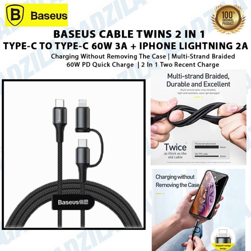 Jual Baseus Twins 2in1 Cable USB Type-C PD 3A & Lightning 5V 2A 1M ...