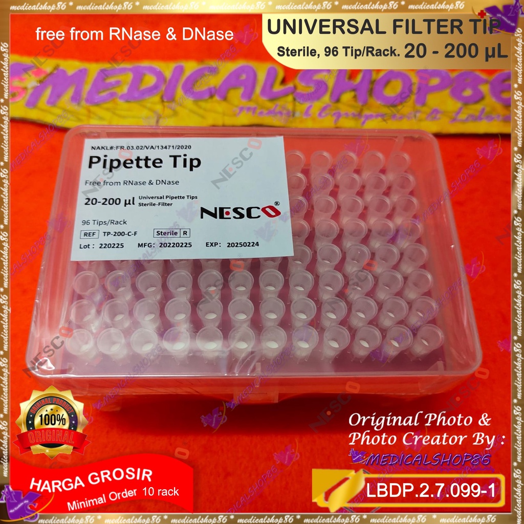 Jual Universal FILTER TIP STERILE in Rack, Neutral, 20-200ul. NESCO ...