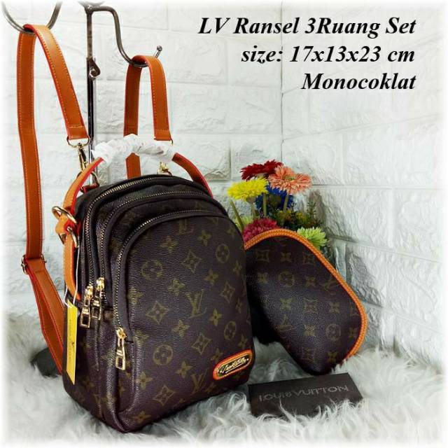 Jual TAS RANSEL WANITA BISA SLEMPANG LV RANSEL 3RUANG SET DOMPET DAN ...