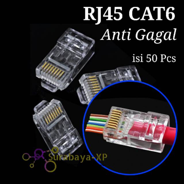 Jual Konektor RJ45 CAT6 Anti gagal 50Pcs Jack Connector kabel lan CAT 6 ...