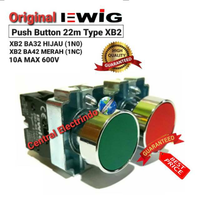 Jual Push Button EWIG 22mm XB2 BA31 Hijau (1NO) XB2 BA42 Merah (1NC ...