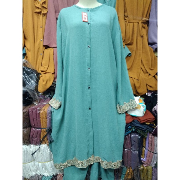 Jual Stelan Long Tunik Cringkle Airflow Renda Full kancing/One Set Long ...