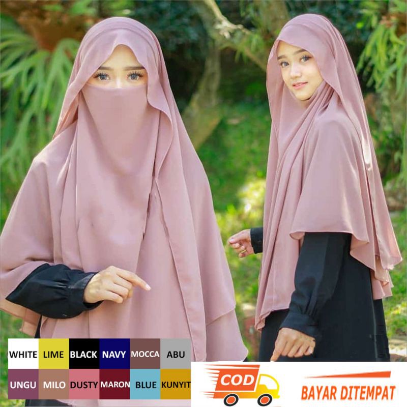 Jual Jilbab Instan Khimar Syari Jumbo Ceruty 2 Layer – Hijab Non Pet, dengan Cadar Lepas Pasang ...