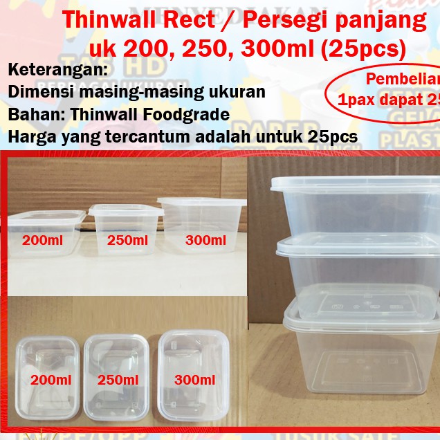 Jual Thinwall Kotak Makan Plastik Bening Rectangle / Persegi Panjang Uk 200, 250, 300ml (25pcs ...