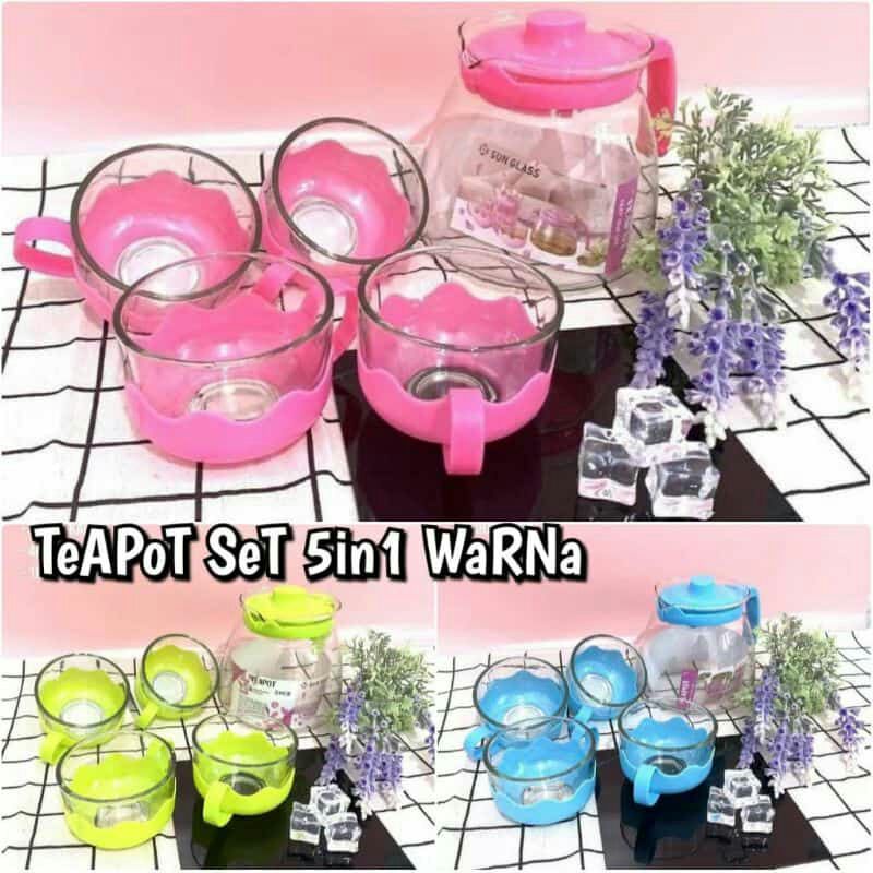 Jual Teapot set gelas kaca isi 5in1 serbaguna/perabotan dapur teko teh ...