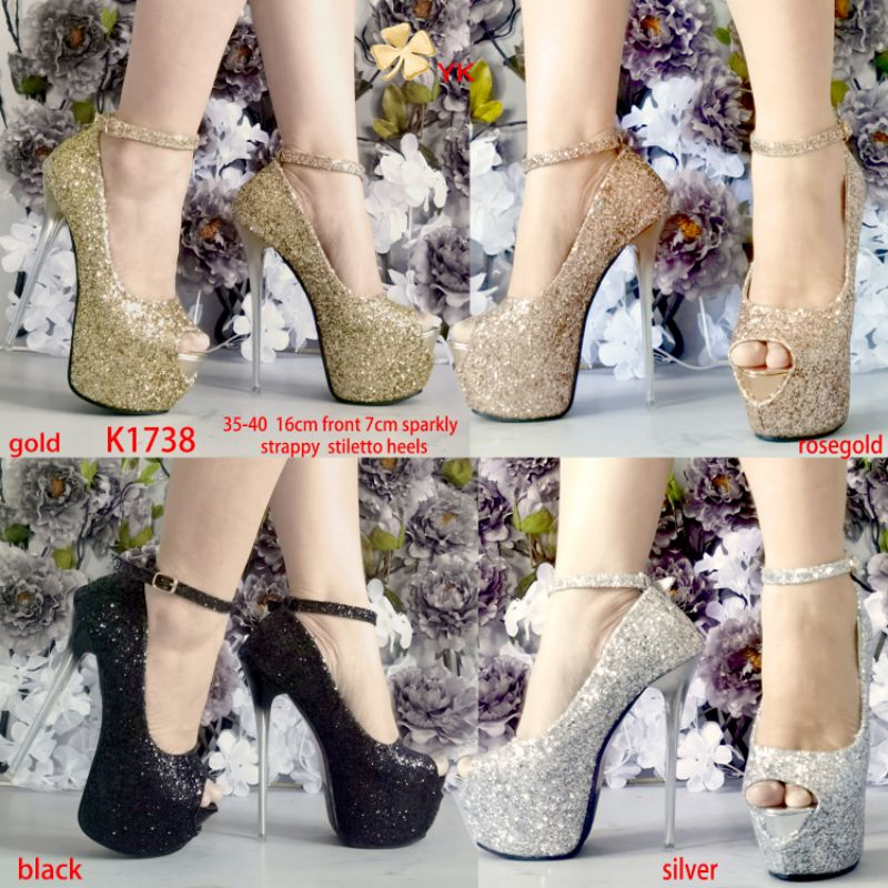 Jual YKshoes 1738 heels 17cm peetoes stiletto heels black rose gold ...
