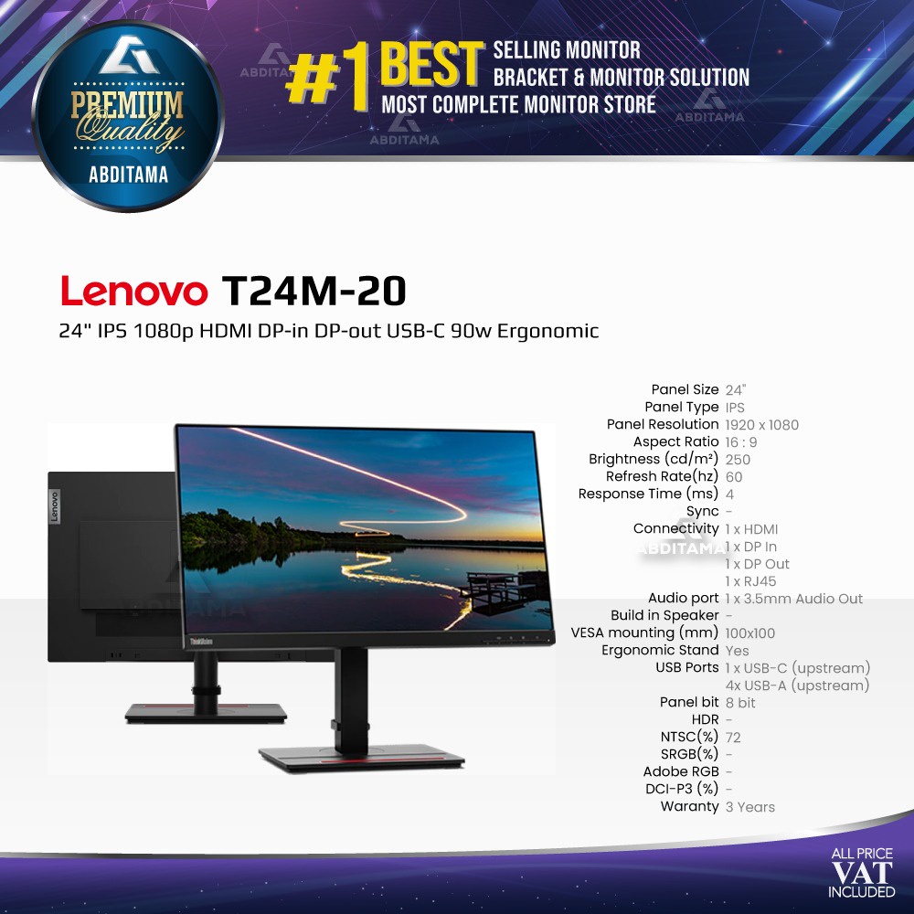 Jual Monitor LENOVO T24M-20 24" IPS 1080p HDMI DP-in DP-out USB-C 90w ...