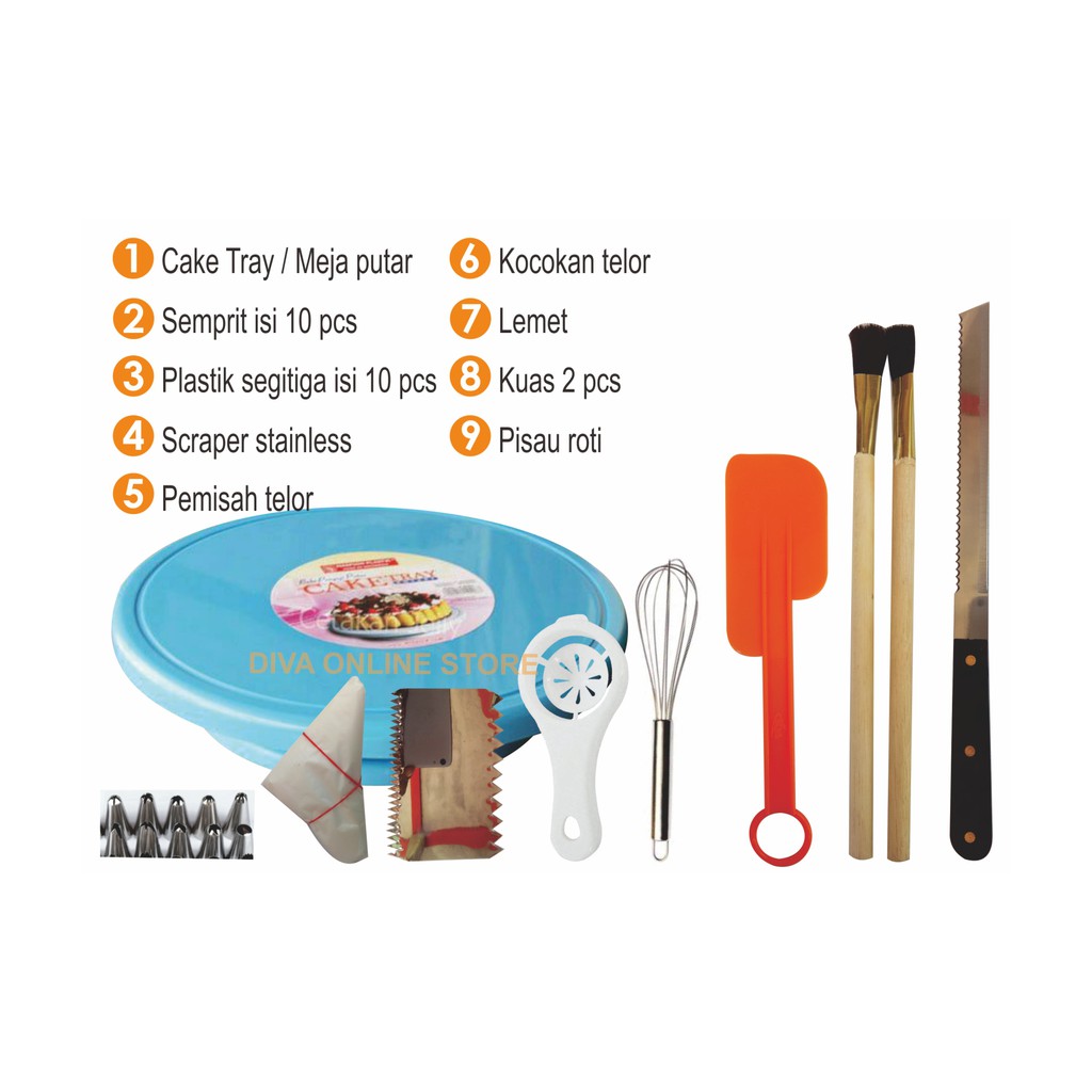 Jual meja putar dan alat alat pembuat kue (9 in 1) / cake tray alat dekorasi kue | Shopee Indonesia