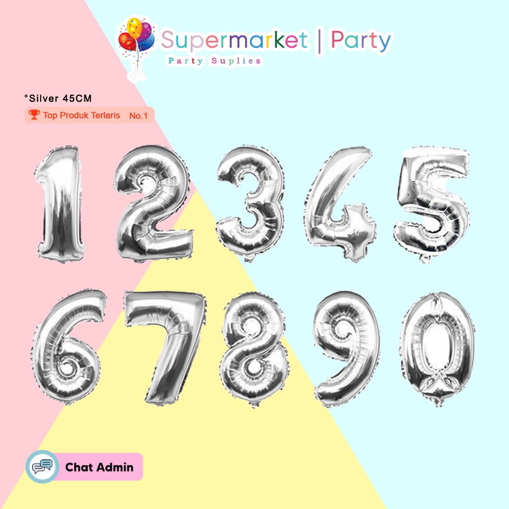 Jual Balon 45CM | Balon Angka Foil Warna Silver | Ballon Number 0 9 ...