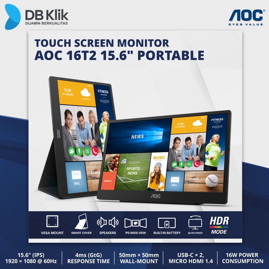 Jual LED Monitor AOC 16T2 15.6" Portable Touch FHD HDMI USB C - AOC ...